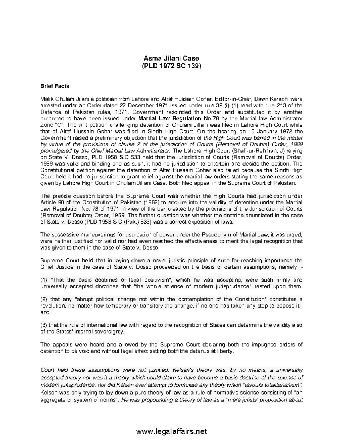 Asma Jilani Case Overview (PLD 1972 SC 139) - Key Legal Insights - Studocu