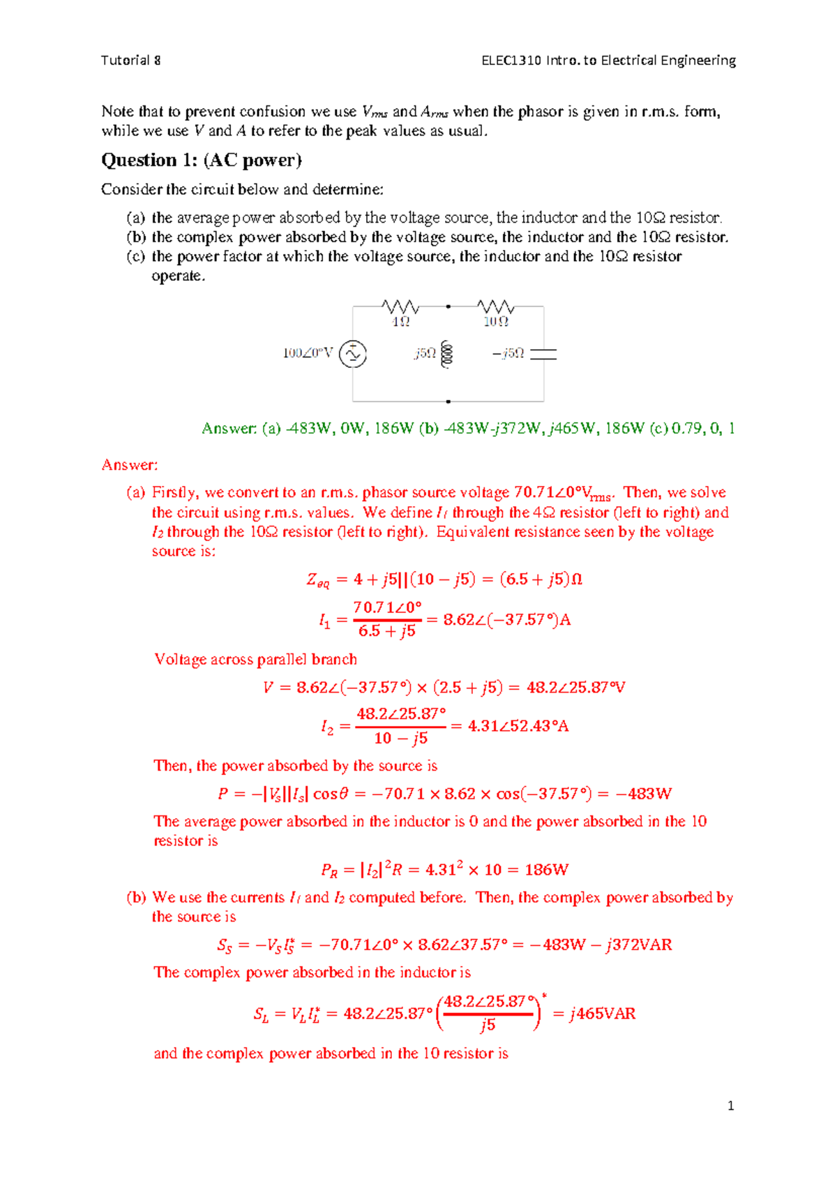Tutorial 8 Solutions - AC Power, Max Power Transfer & Complex Power ...