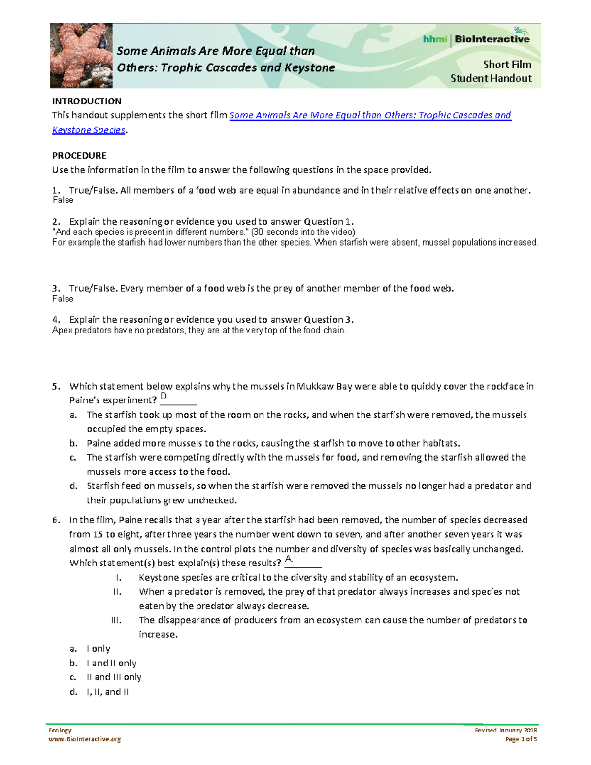 Trophic Cascades - Worksheet completed alongside the hhmi ...
