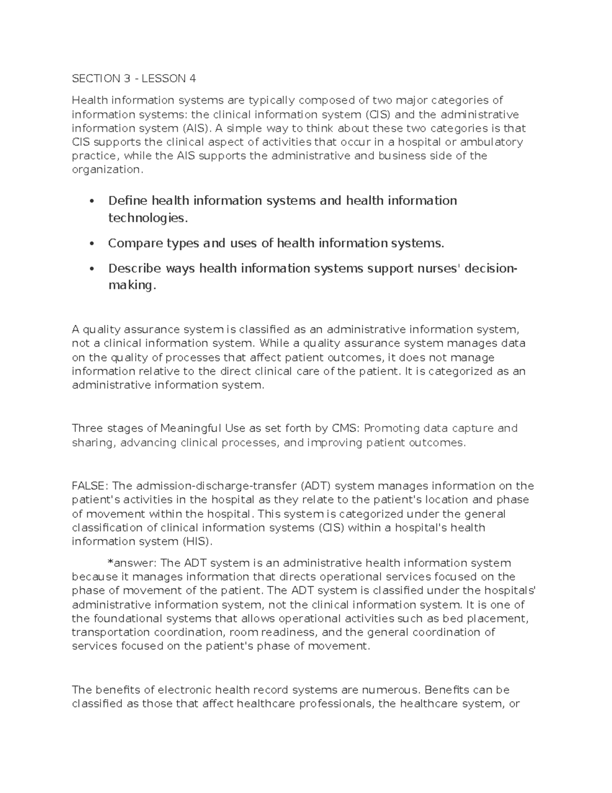 Informatics Notes: Health Information Systems & Technologies - Section ...