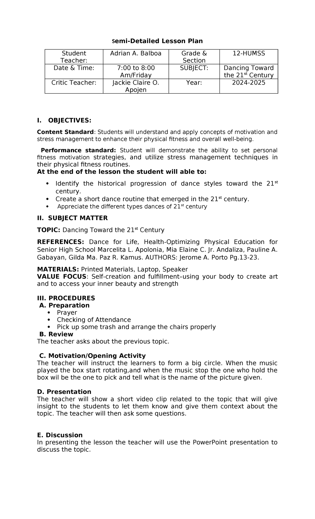 Adrian A. Balboa's 12-HUMSS Lesson Plan: Dancing Toward the 21st ...