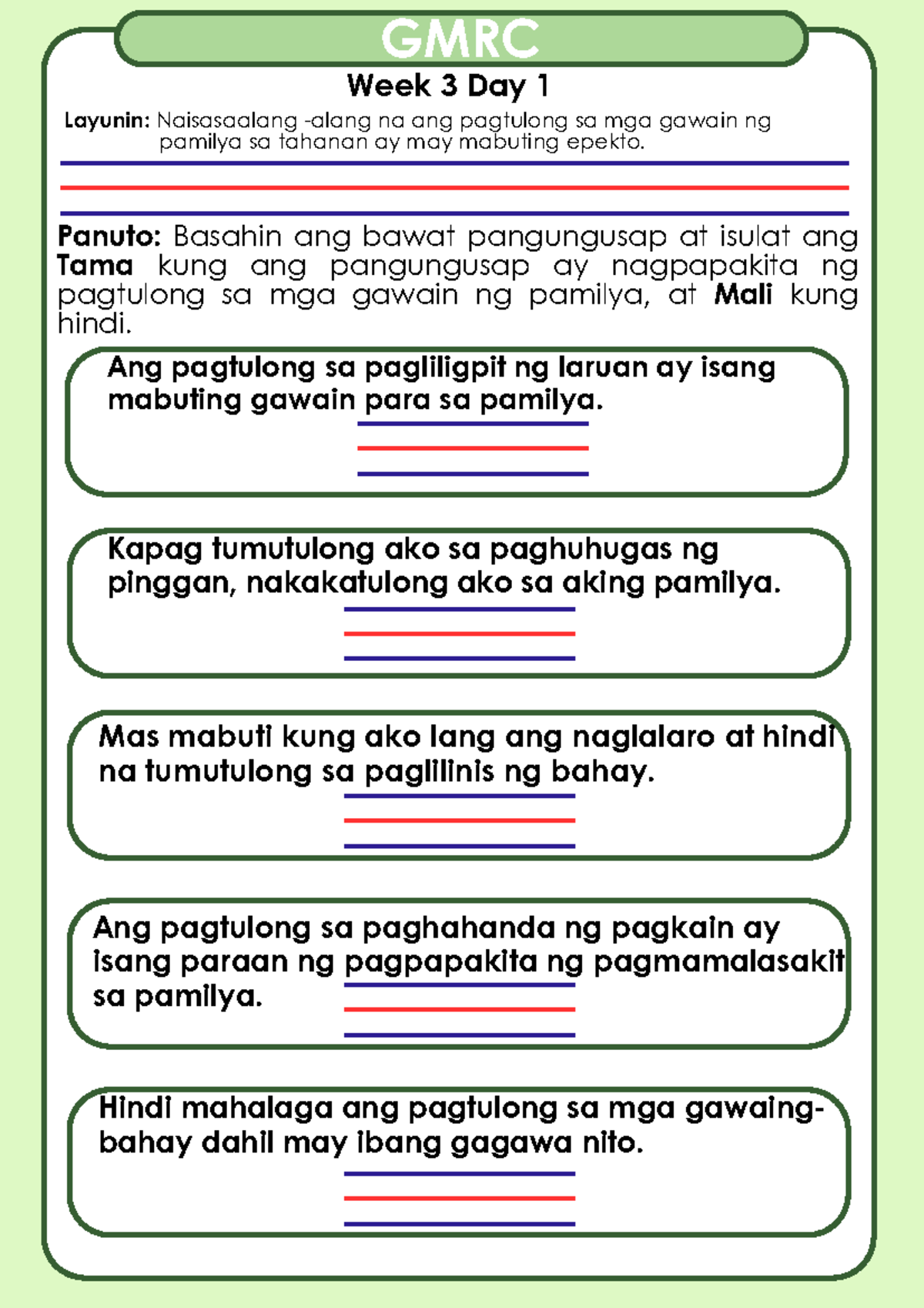 Q2 GMRC Worksheet: Pagtulong sa Pamilya at Nakatatanda - Studocu