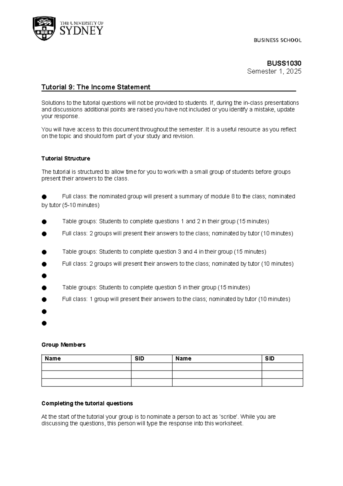 BUSS1030 Tutorial 9: Income Statement Questions & Solutions - Studocu