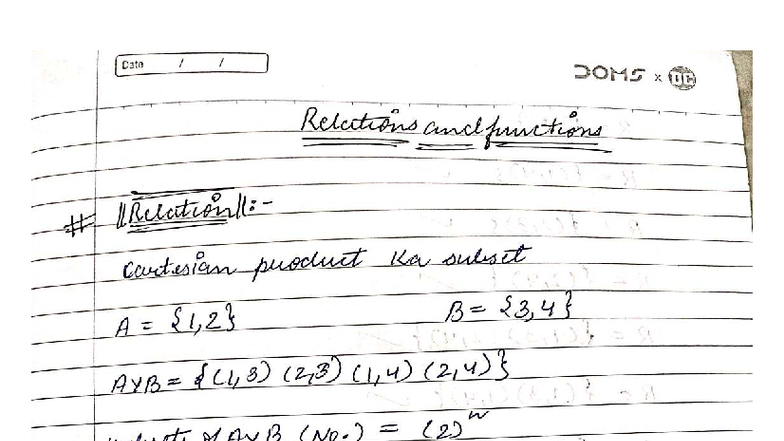 Maths - DOMS X DC Relations, Functions, and Cartesian Products - Studocu