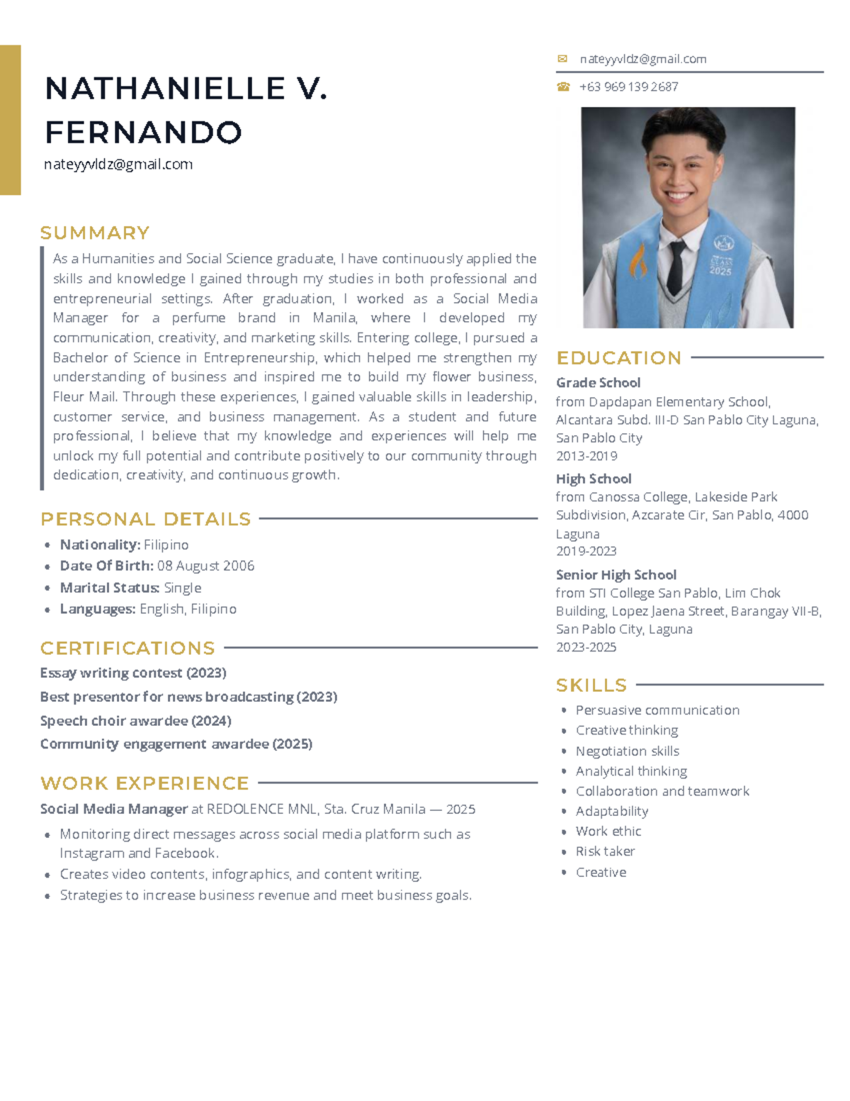 Fernando Resume: Skills & Experience Summary for Humanities Grad - Studocu
