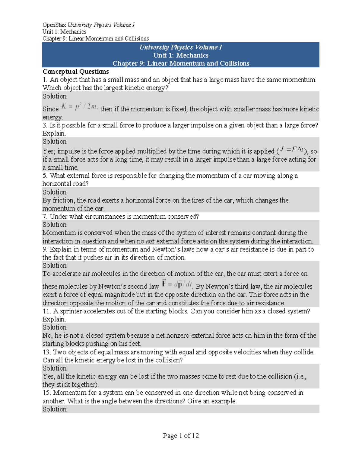University Physics I (PHYS 101) Chapter 9: Linear Momentum & Collisions ...