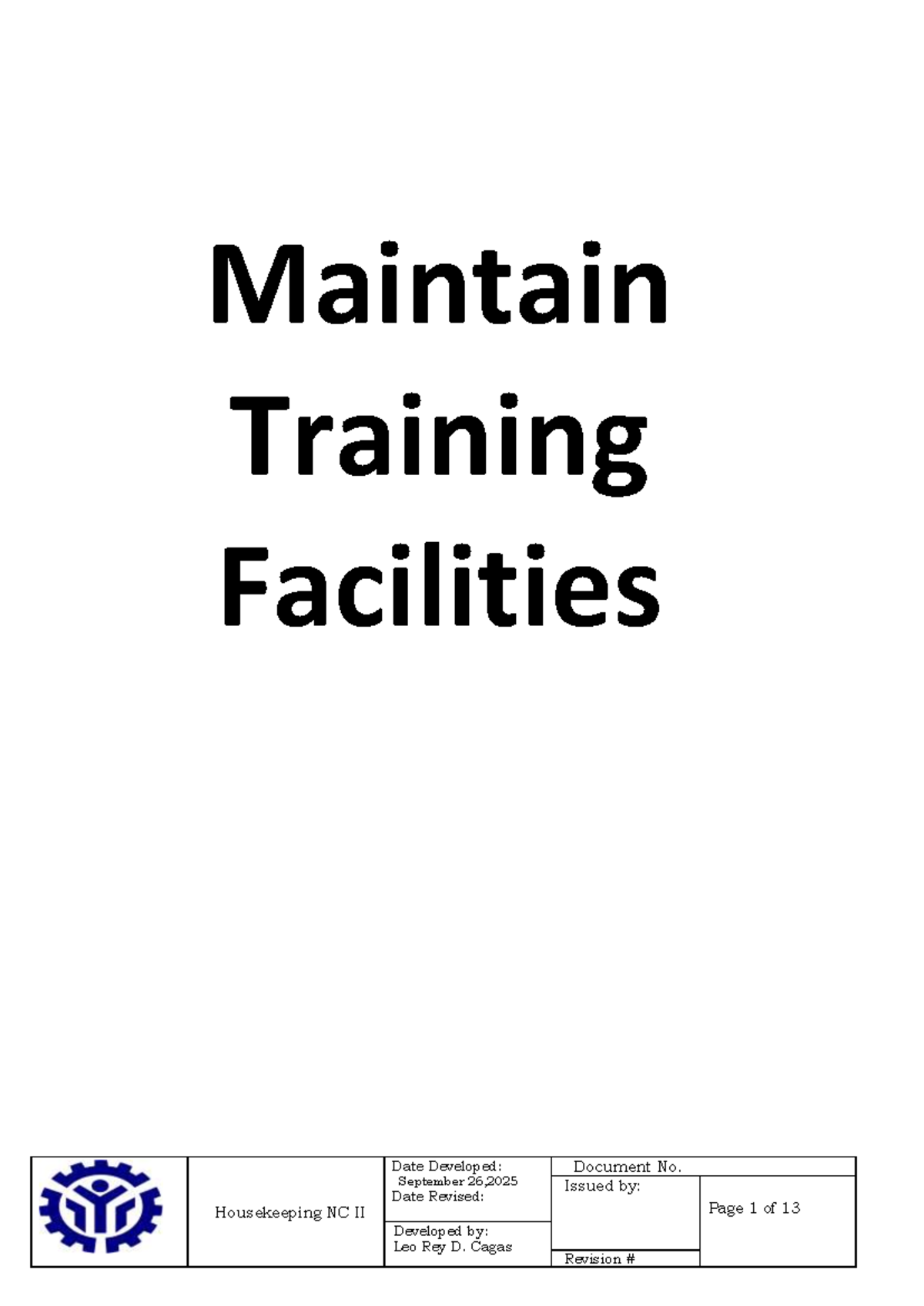 MTF Housekeeping NC II - Maintain Training Facilities and Inspections - Studocu