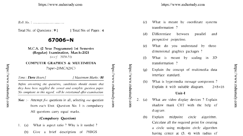MCA 1st Sem Computer Graphics & Multimedia Exam Qs - Mar 2021 - Studocu