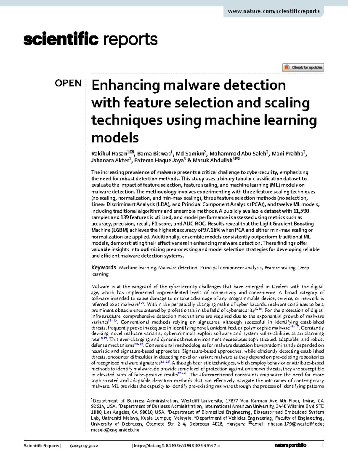 OPEN Enhancing Malware Detection: Feature Selection & Scaling ...