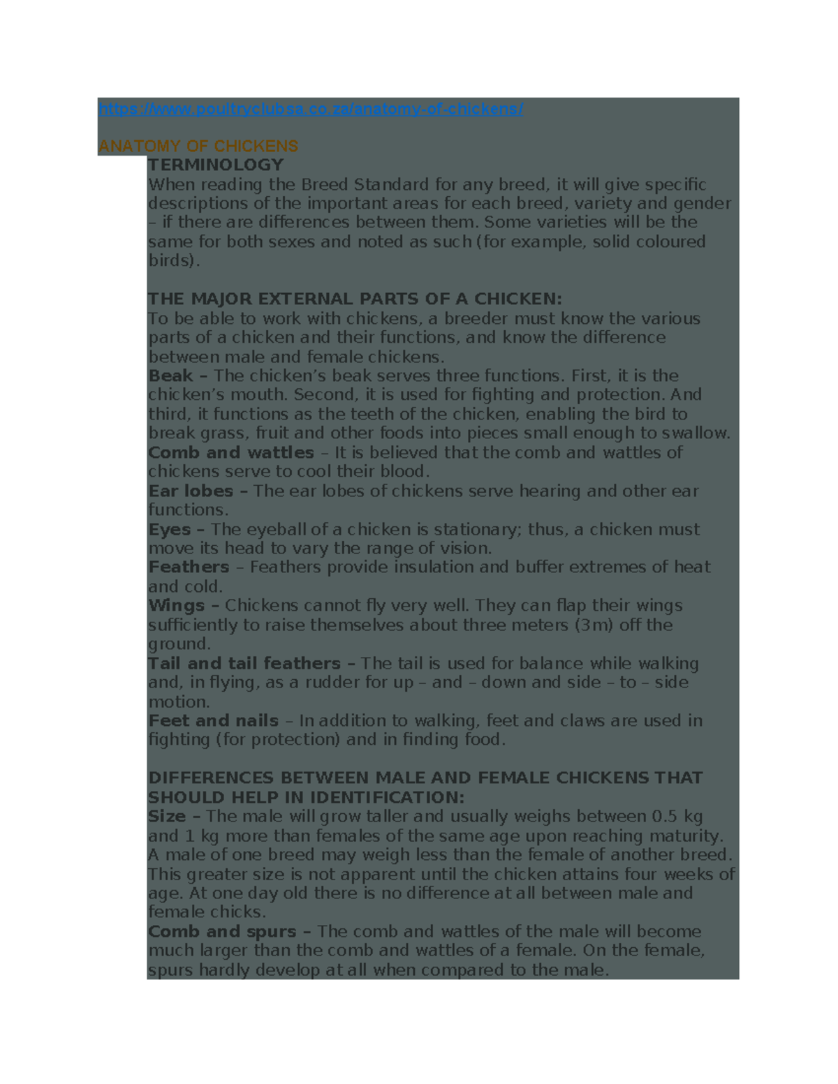 Anatomy of Chickens - Lecture Notes for AGA - Studocu