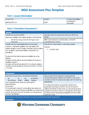 WGU assessment plan D093 - WGU Assessment Plan Part I: Lesson ...