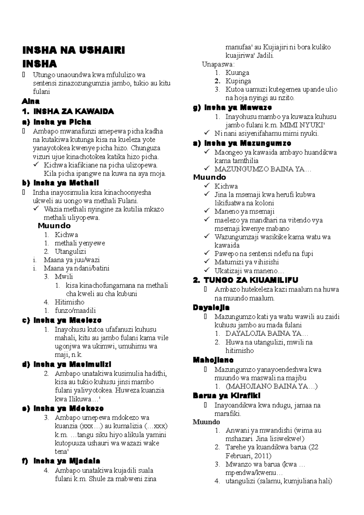 Kiswa Notes FORM 1 - INSHA, Mialiko, na Mifano ya Uandishi - Studocu