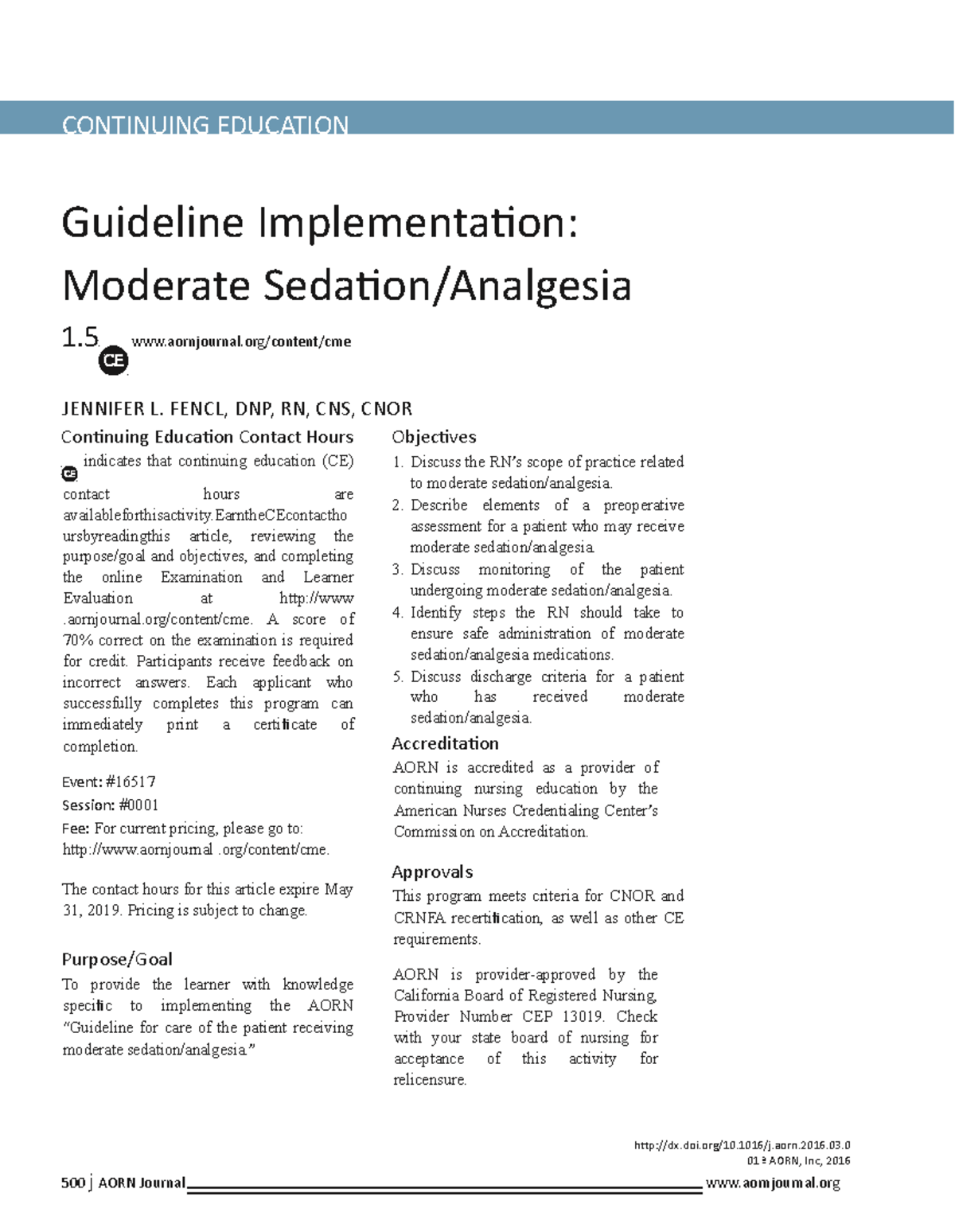 Guideline Implementation (2016): Moderate Sedation/Analgesia Training ...