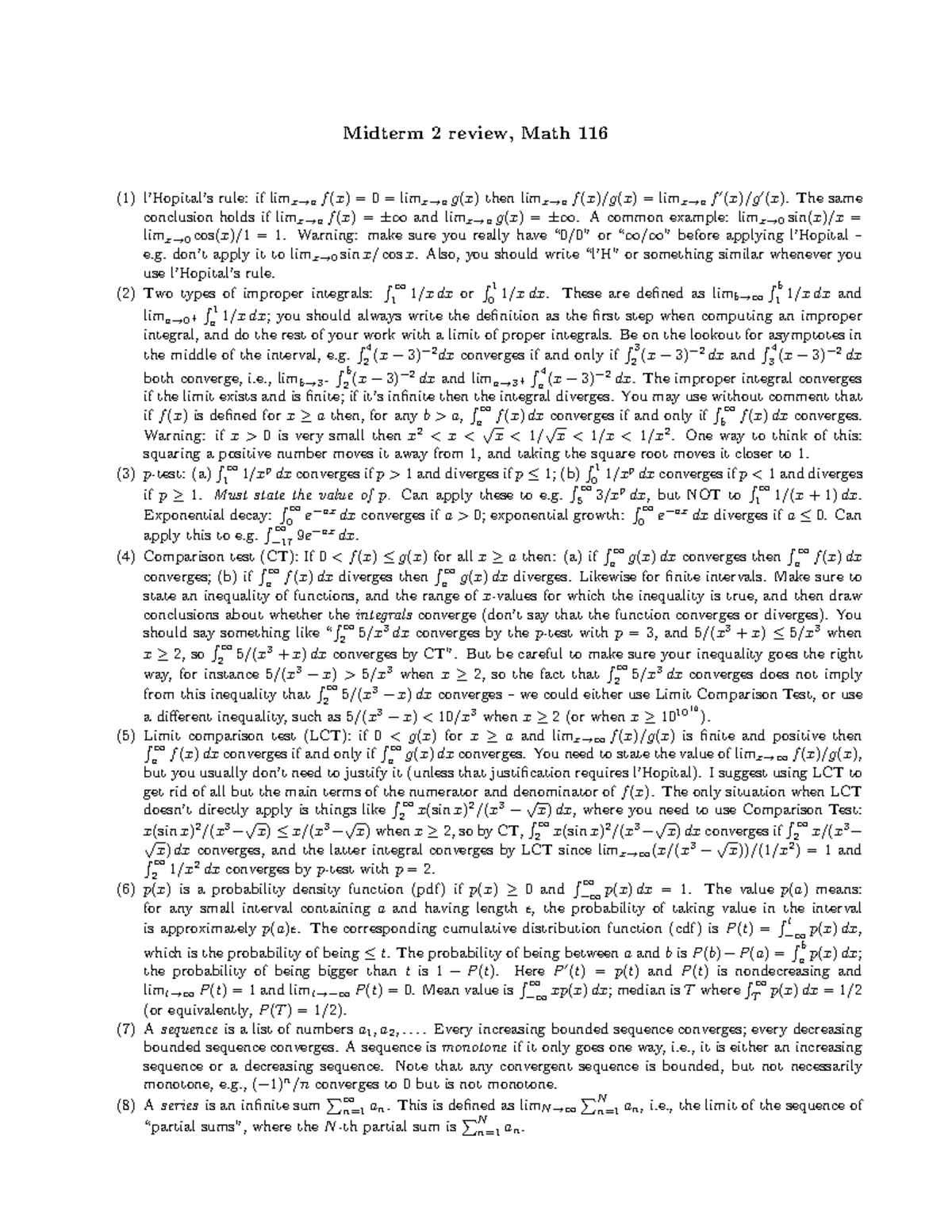 Midterm 2 Review Sheet, Math 116: Key Concepts and Tests - Studocu