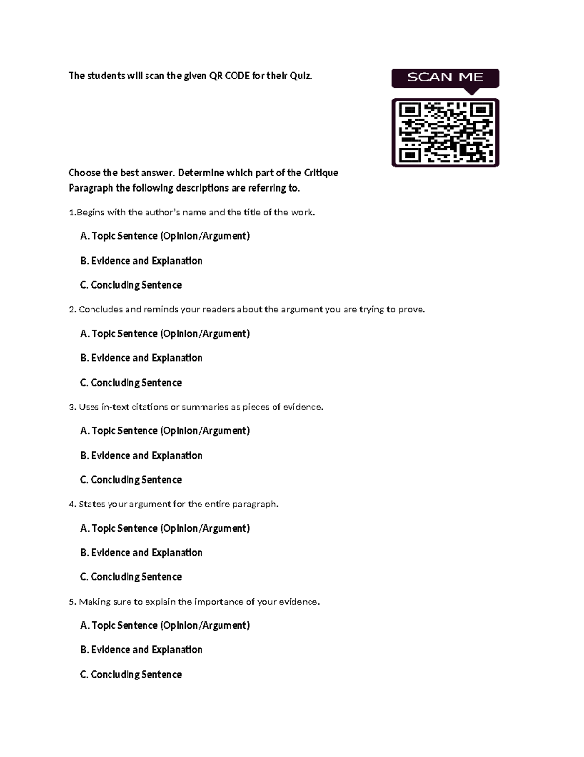 CW QUIZ COT - Creative Writing Critique Paragraph Quiz - Studocu