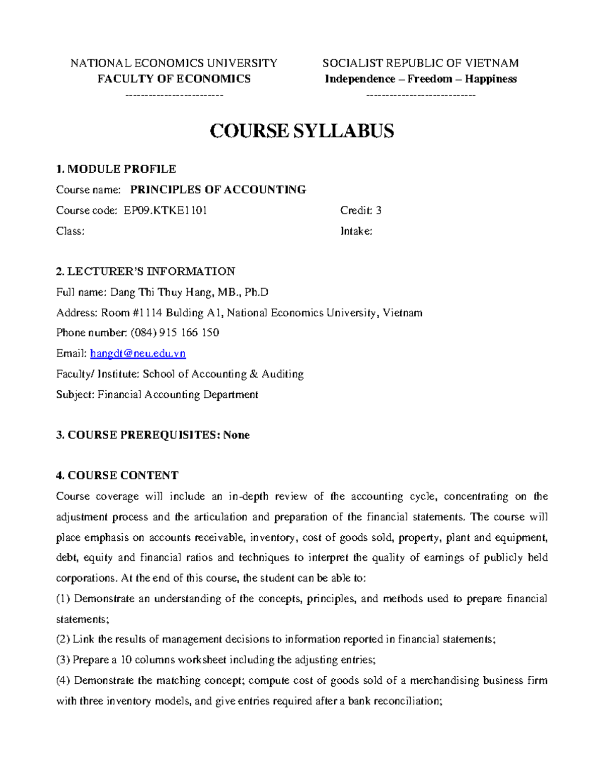 Principles of Accounting Course Syllabus - NATIONAL ECONOMICS ...