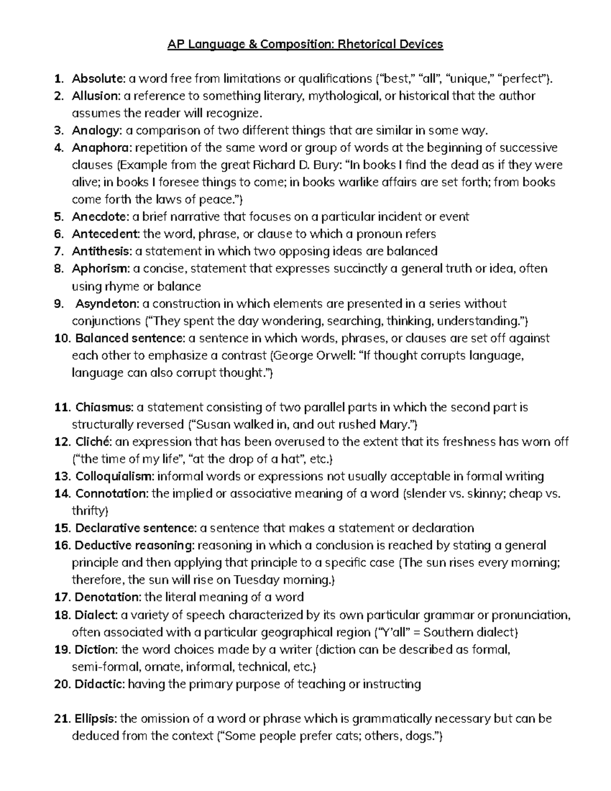 AP Language Composition: Comprehensive Rhetorical Devices Guide - Studocu