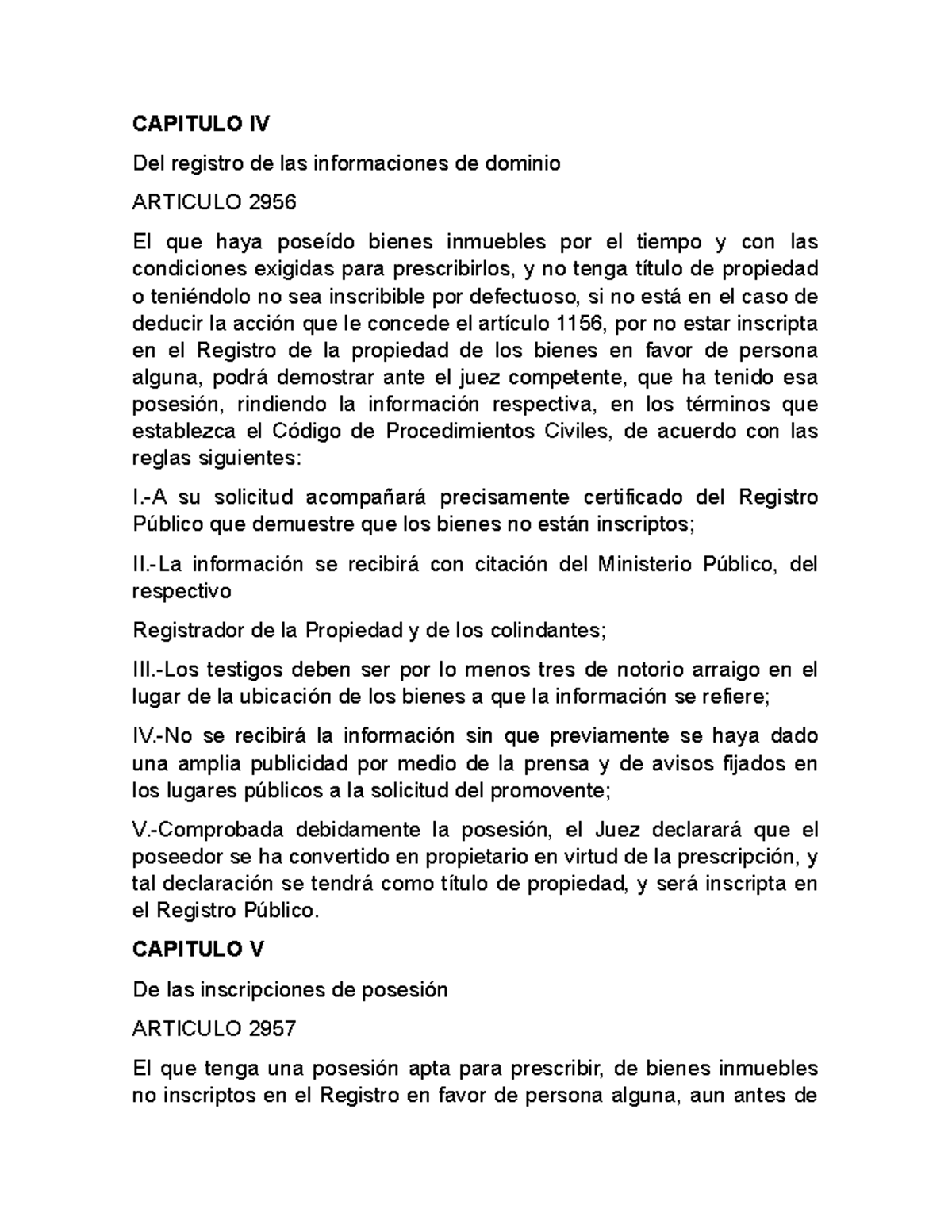 Inscripción de Posesión: Artículos 2956-2959 del CCV - Studocu