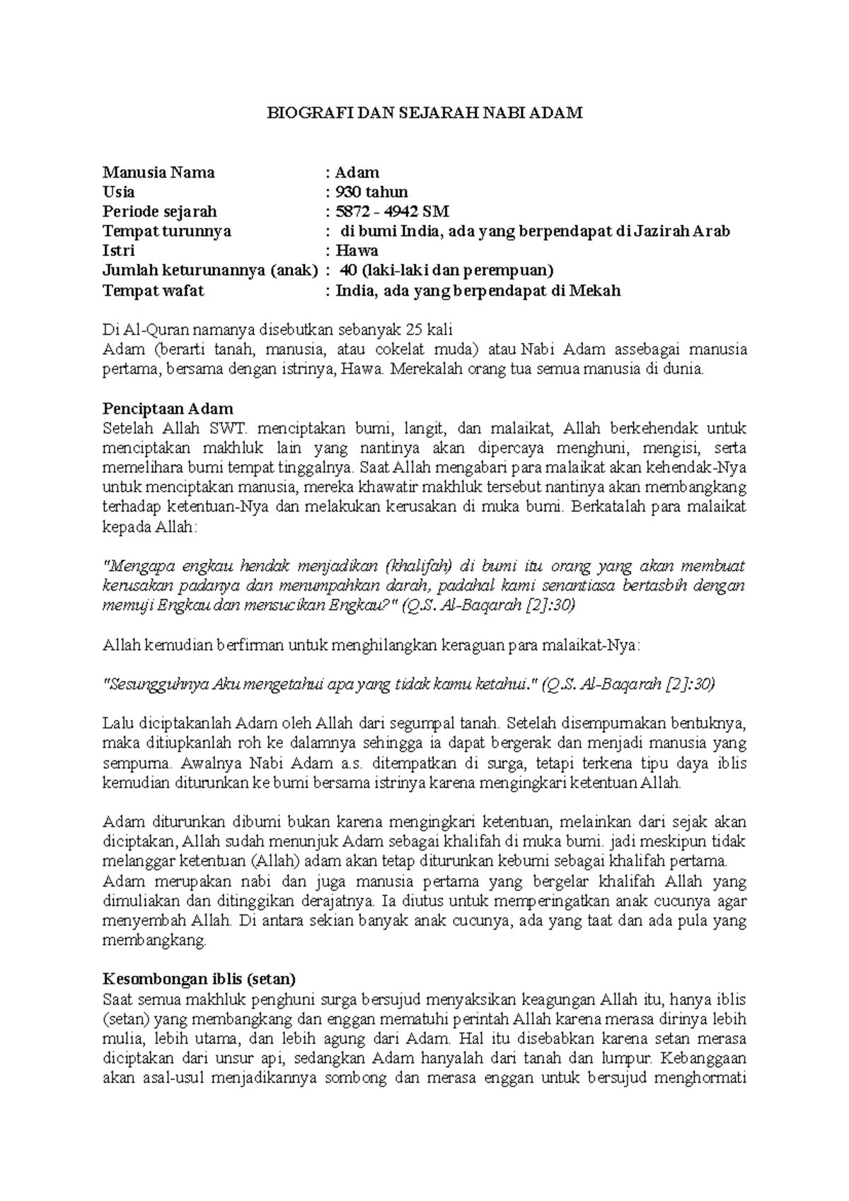 Biografi & Sejarah Nabi Adam: Kisah Pertama Manusia dalam Islam - Studocu