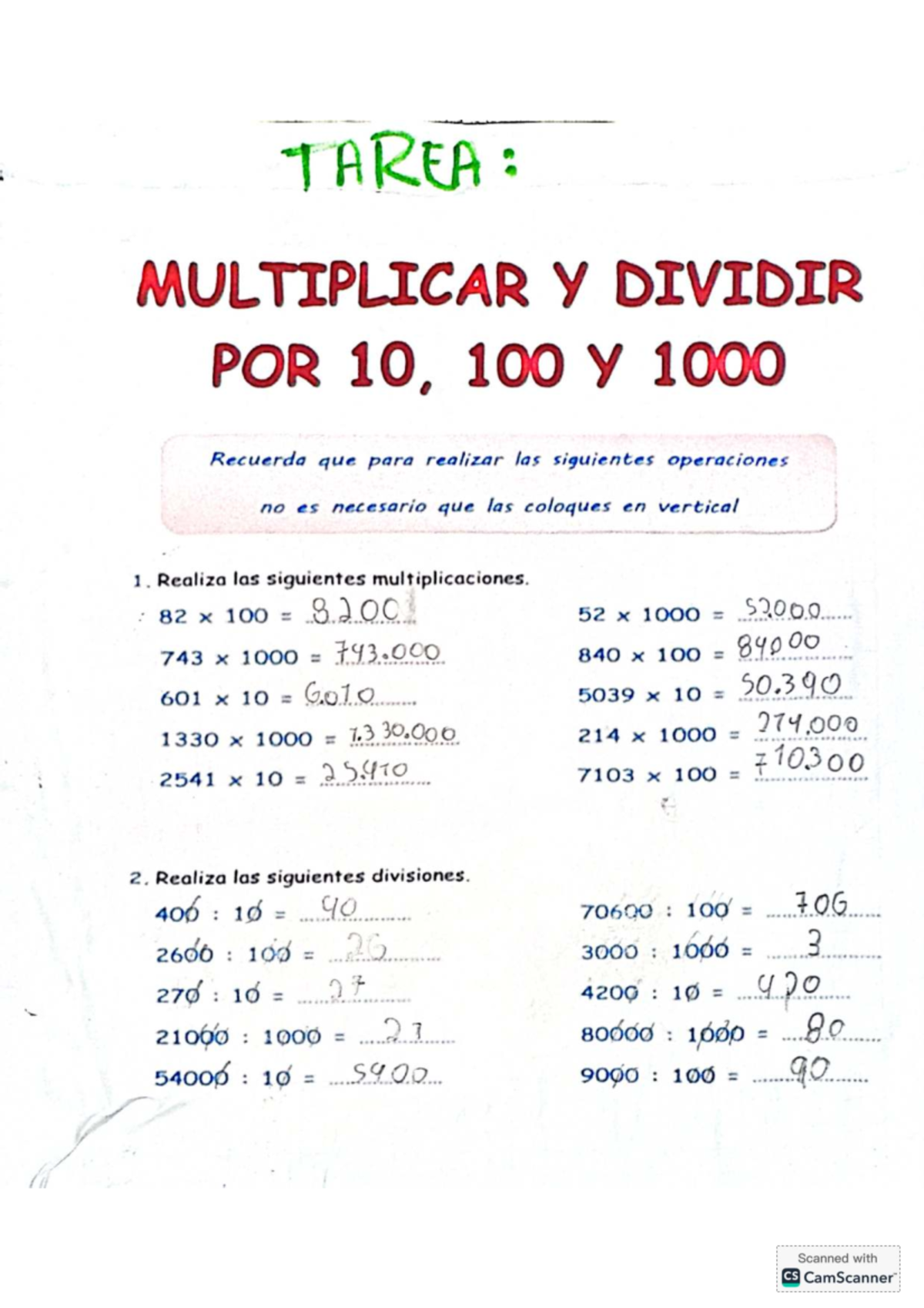 TAREA: MULTIPLICAR Y DIVIDIR POR 10, 100 Y 1000 - Studocu
