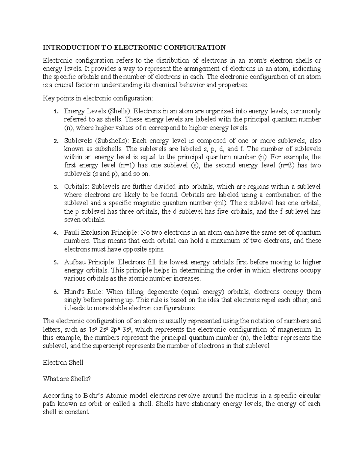 Electronic Configuration Overview: Key Concepts and Principles - Studocu