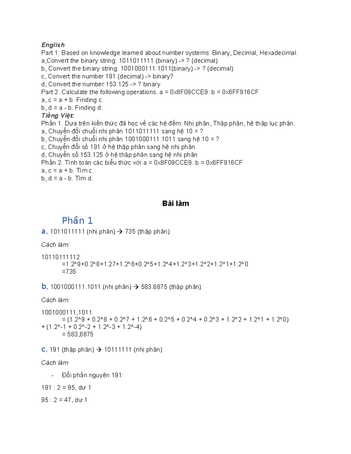 Assignment 1: Conversions & Calculations in Number Systems - Studocu