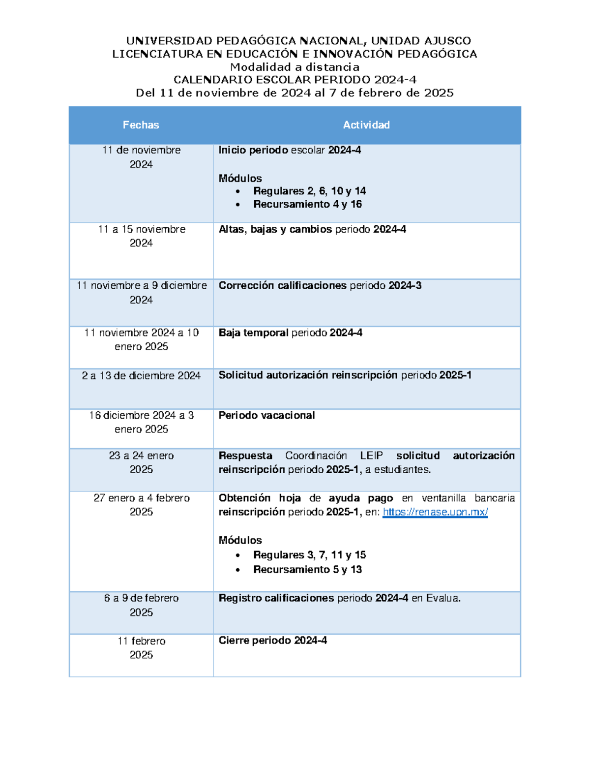 Calendario Escolar UPN LEIP 2024-4: Fechas y Actividades - Studocu