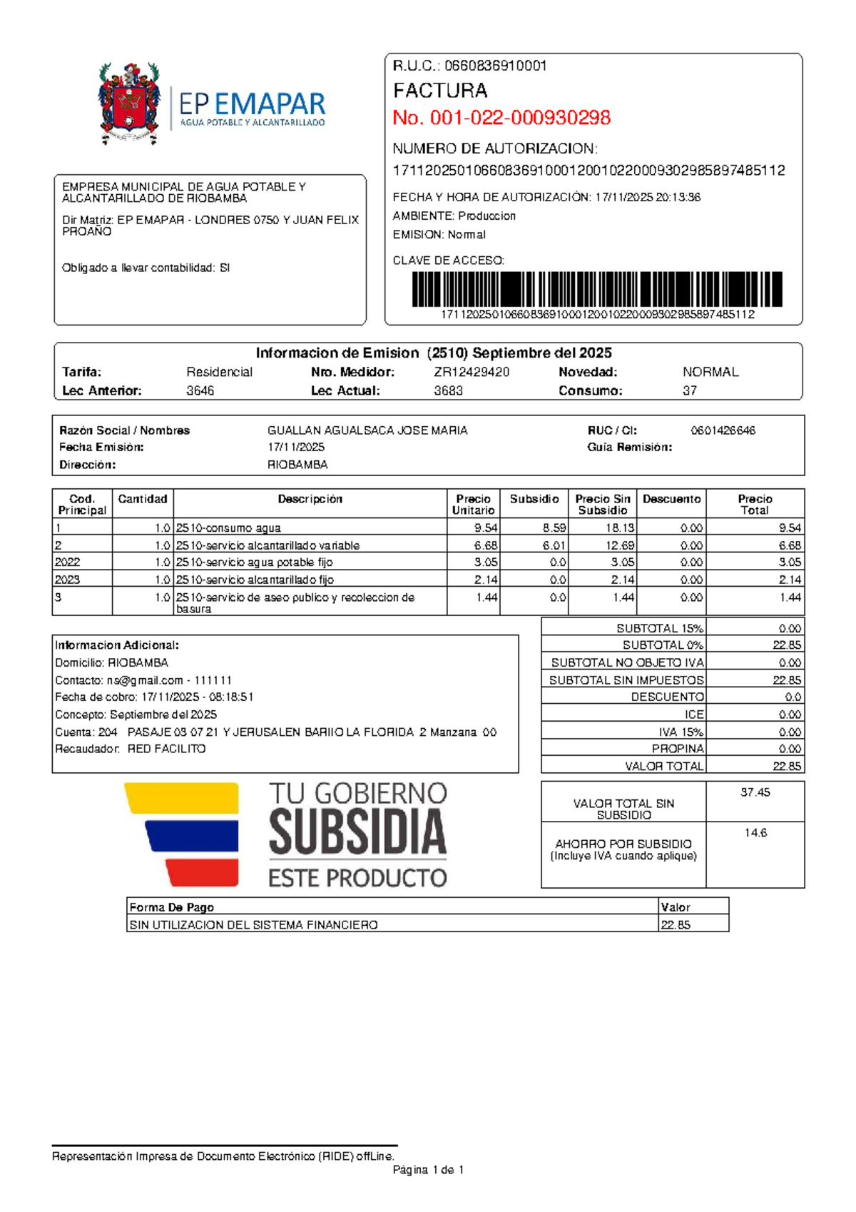 Factura 001-022-000930298: EMAPAR Riobamba - Sept 2025 - Studocu