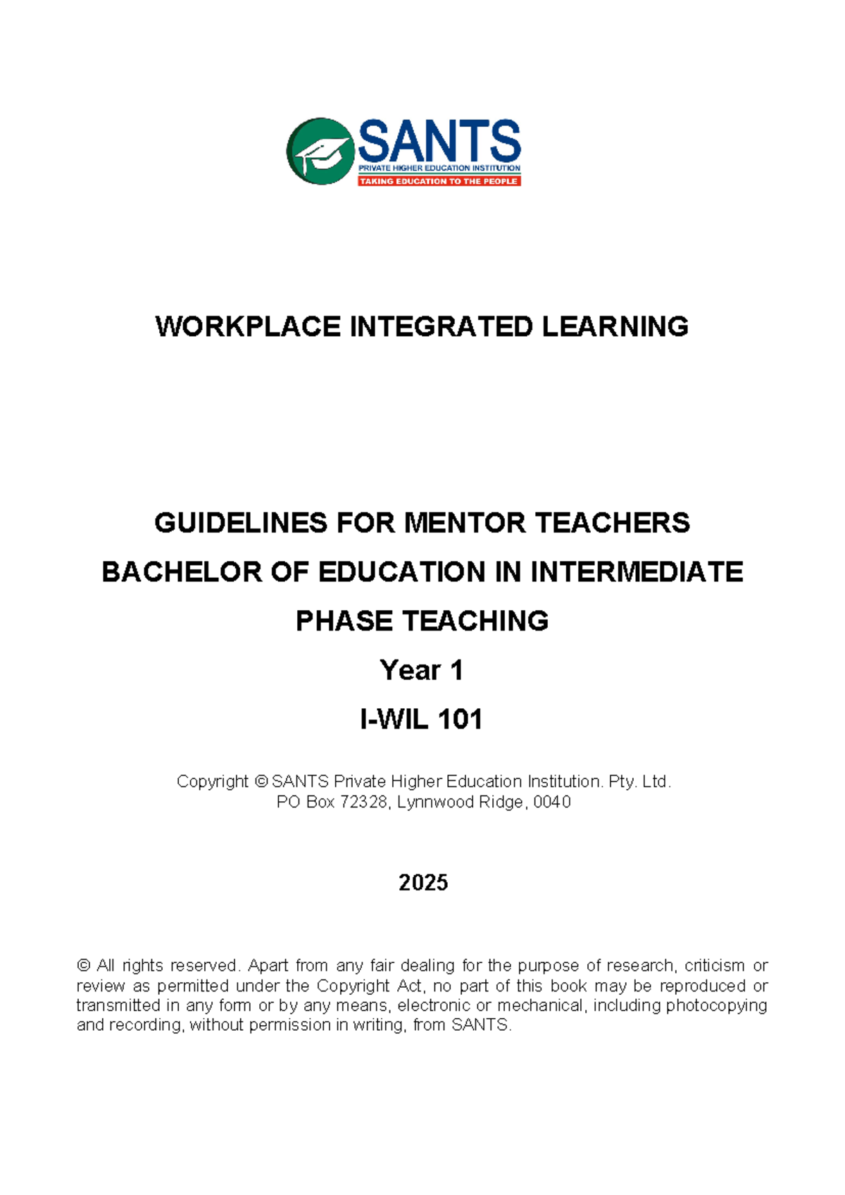 Mentor Teacher Guidelines for BEd I-WIL 101: Year 1 Teaching ...