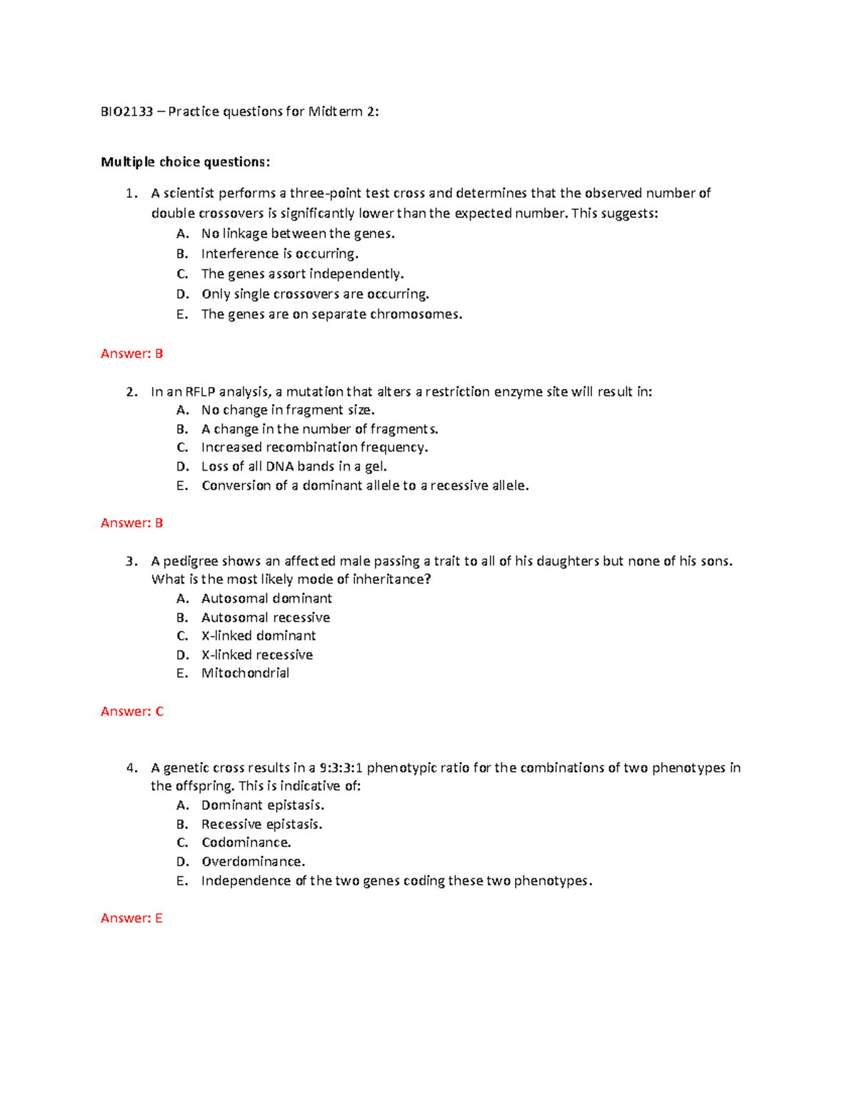 BIO2133 – Midterm 2 Practice Questions & Answers - Studocu