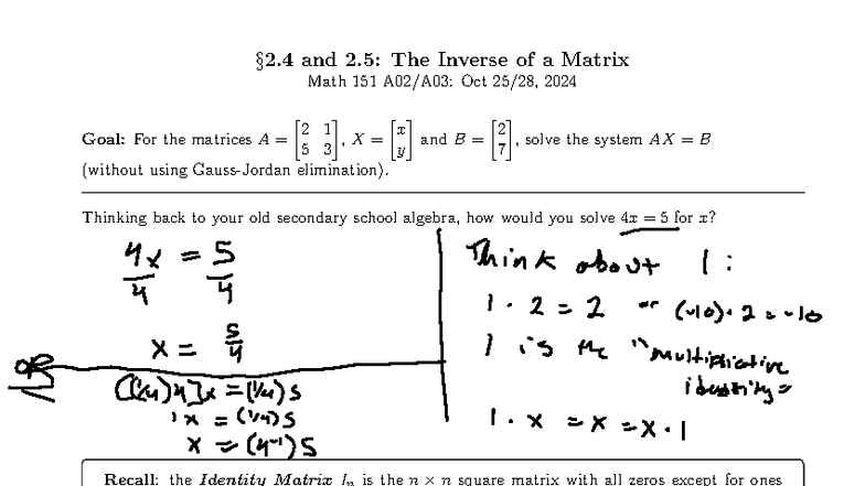 Math 151: Inverse of a Matrix - Unit 2.5 Notes (Oct 2024) - Studocu