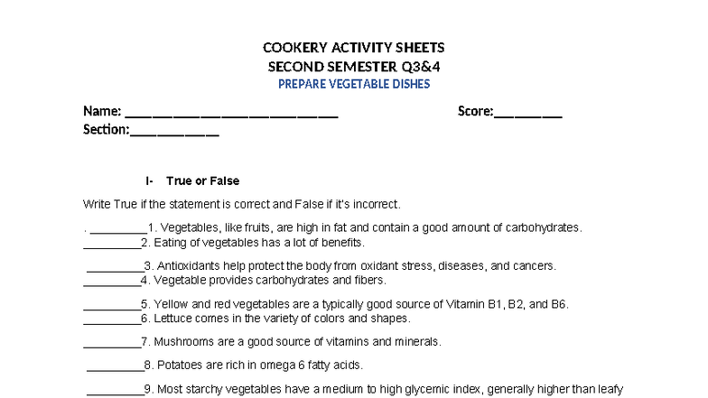 Cookery Activity Sheets - SECOND SEMESTER Q3& PREPARE VEGETABLE DISHES ...