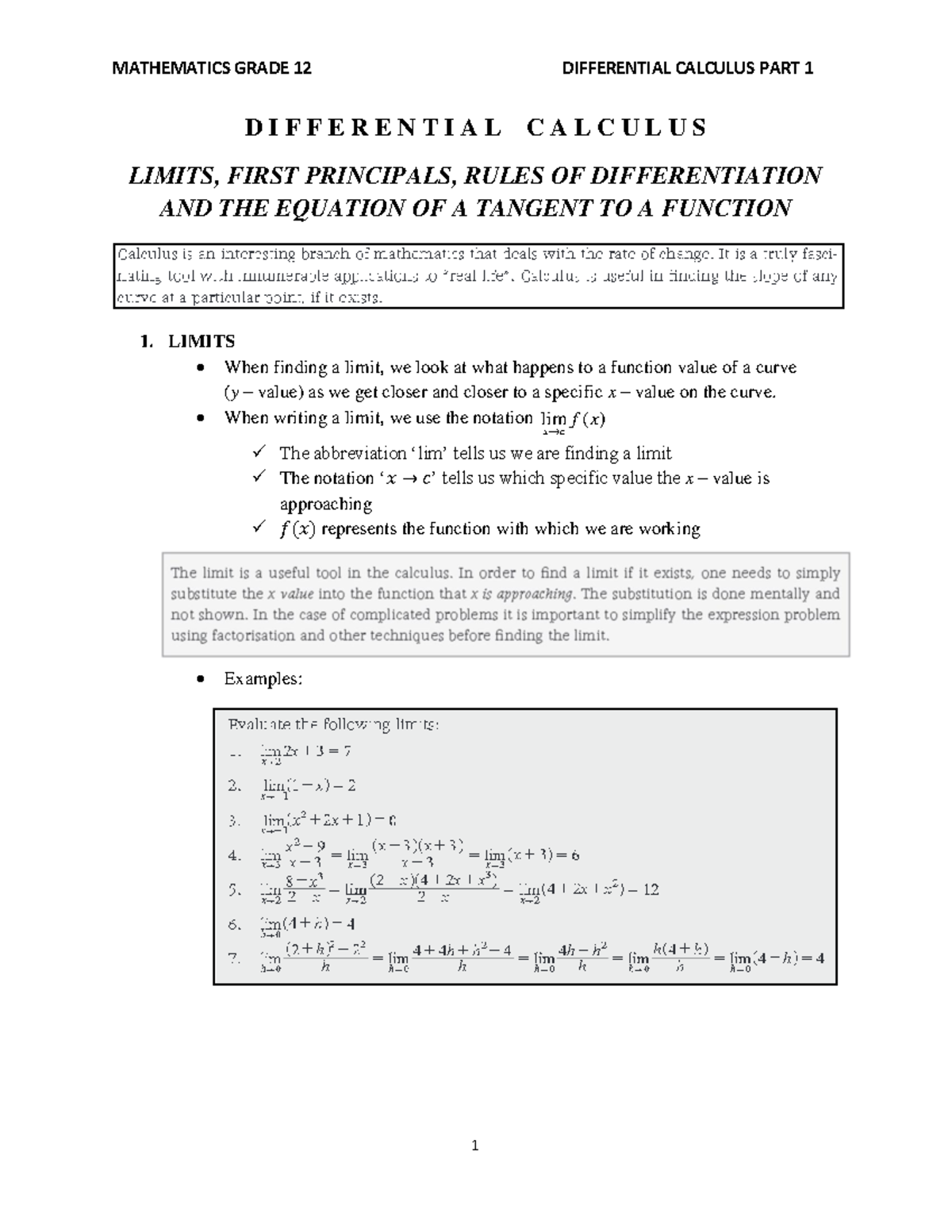Grade 12 Mathematics Differential Calculus - D I F F E R E N T I A L C A L C U L U S LIMITS ...