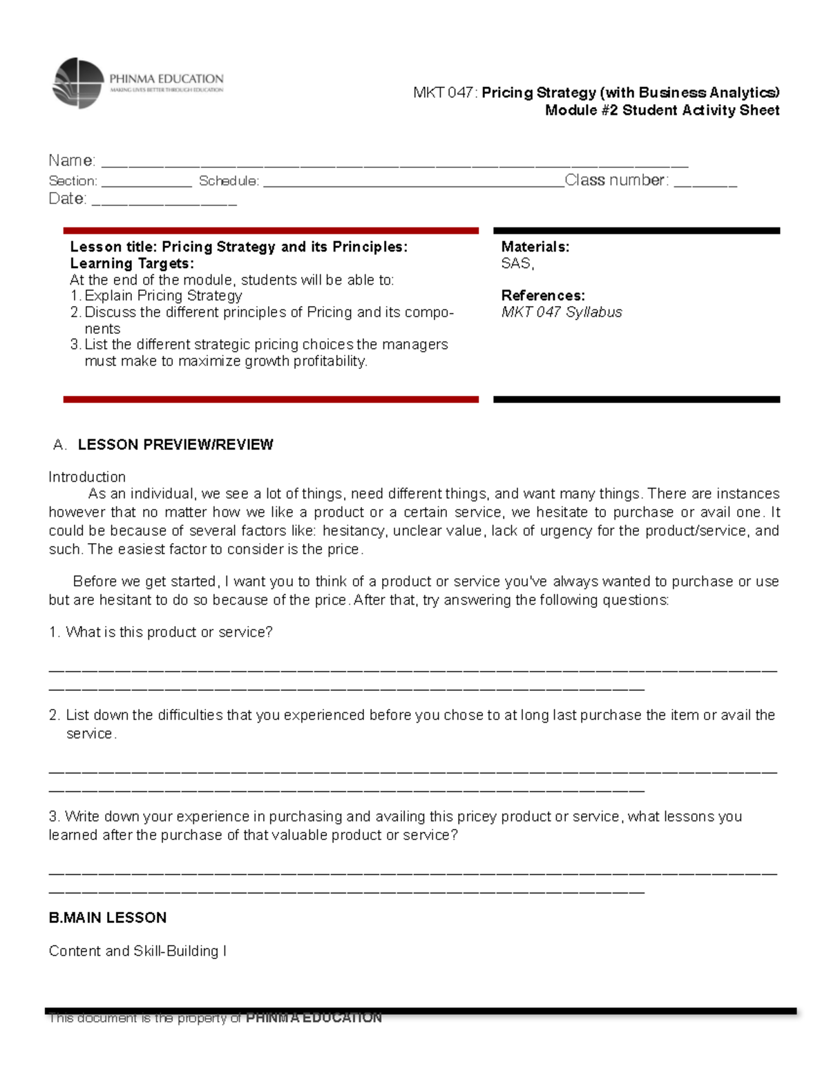 SAS 2 MKT 047 - tax - Module #2 Student Activity Sheet Name: - Studocu