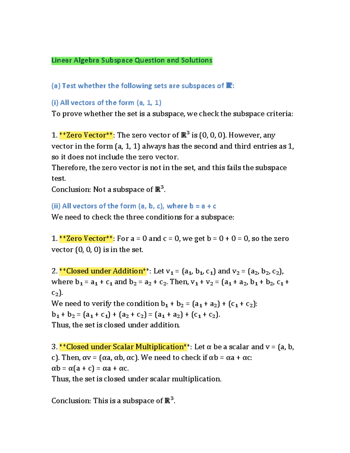 Linear Algebra (MATH 301) - Vector Subspace Solutions - Studocu