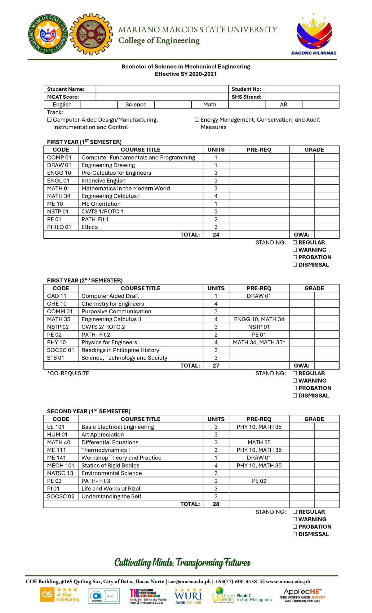 BSME 2020-2021 Curriculum Checklist for Mechanical Engineering - Studocu