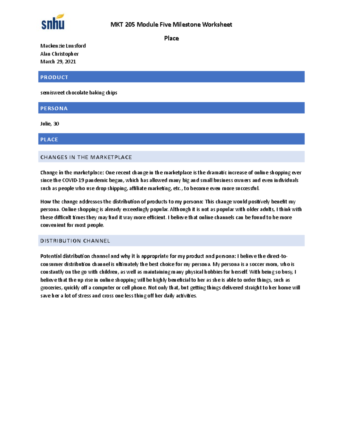 MKT 205 Module 5 Milestone: Place & Distribution Strategy Analysis ...