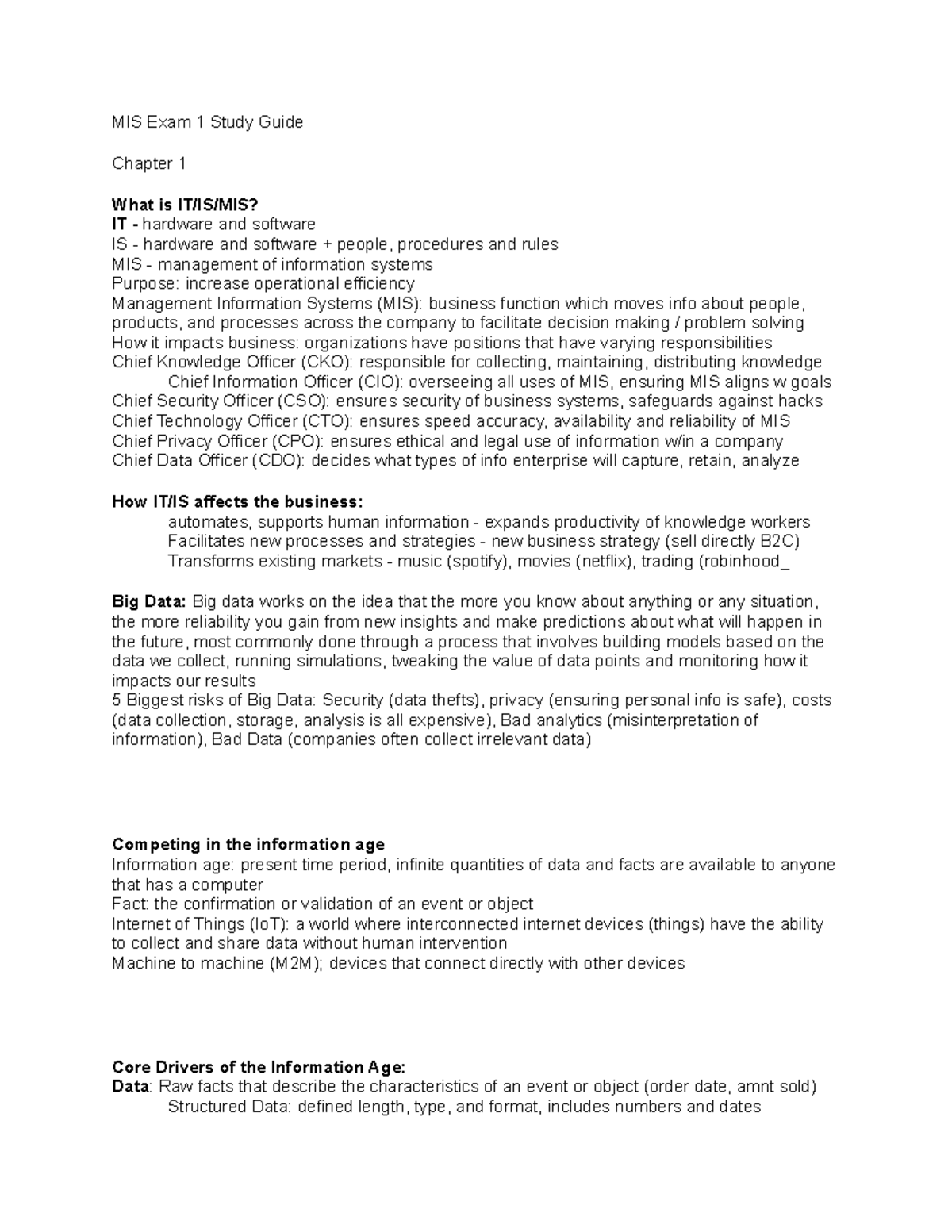 MIS Exam 1 Study Guide - Chapter 1 - MIS Exam 1 Study Guide Chapter 1 ...