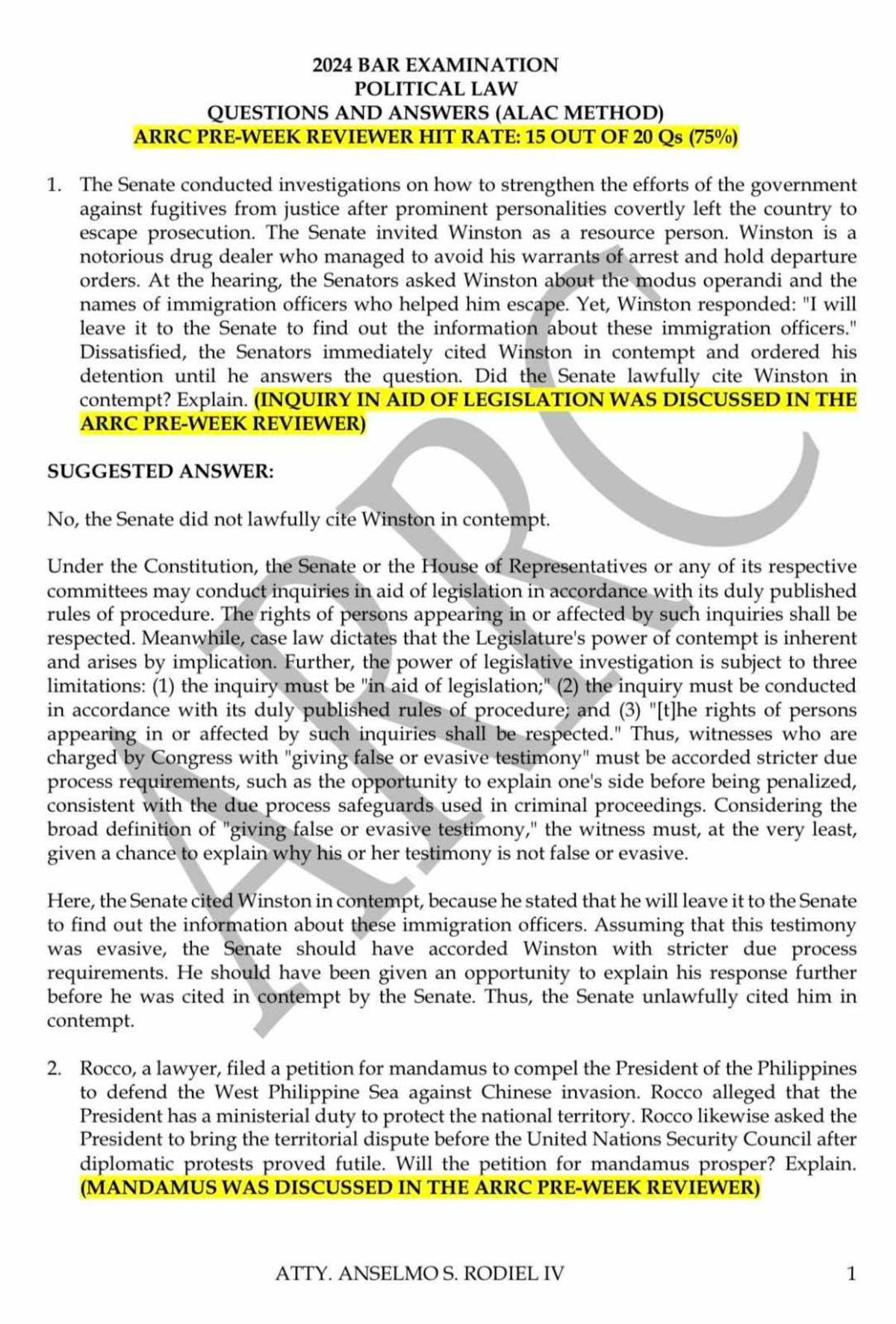 2024 POLI Suggested Answers for BAR EXAM Political Law Q&A ARRC - Studocu