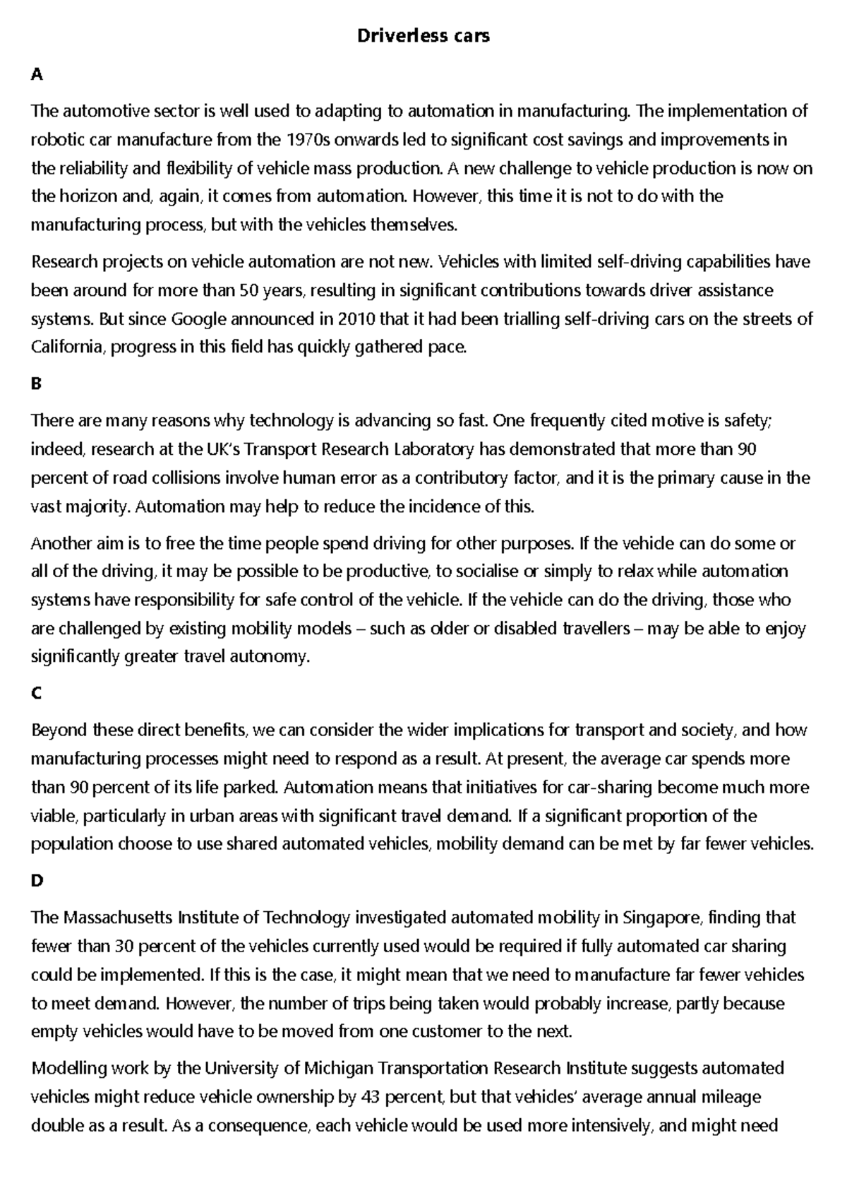 Driverless Cars - READING NOTES on Autonomous Vehicle Technology - Studocu