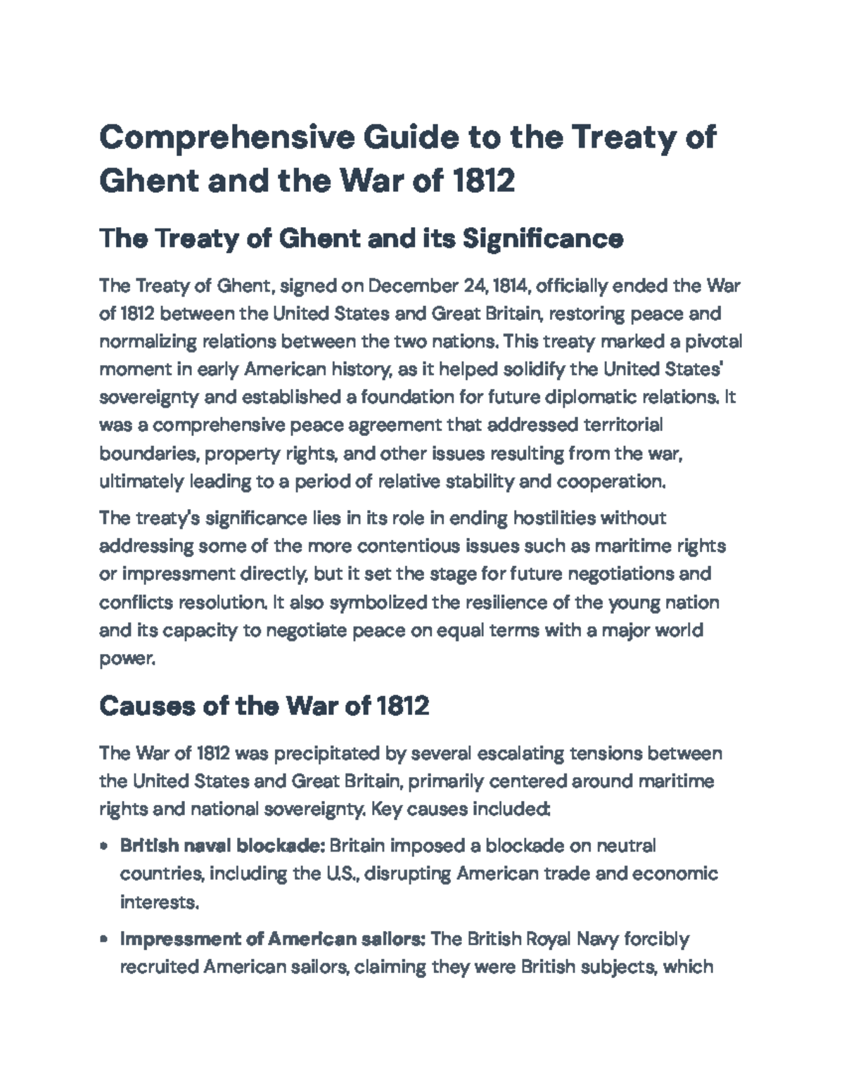 Comprehensive Analysis of the Treaty of Ghent & War of 1812 - Studocu