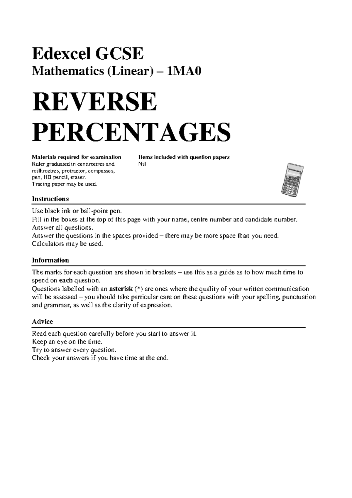 Edexcel GCSE Maths (1MA) Exam Prep: Reverse Percentages Guide - Studocu
