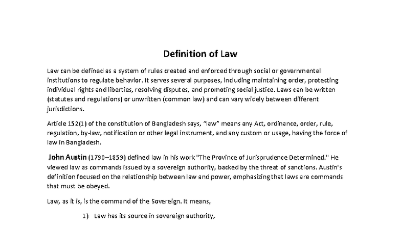 Law101 Lecture 1: Understanding the Definition and Sources of Law - Studocu