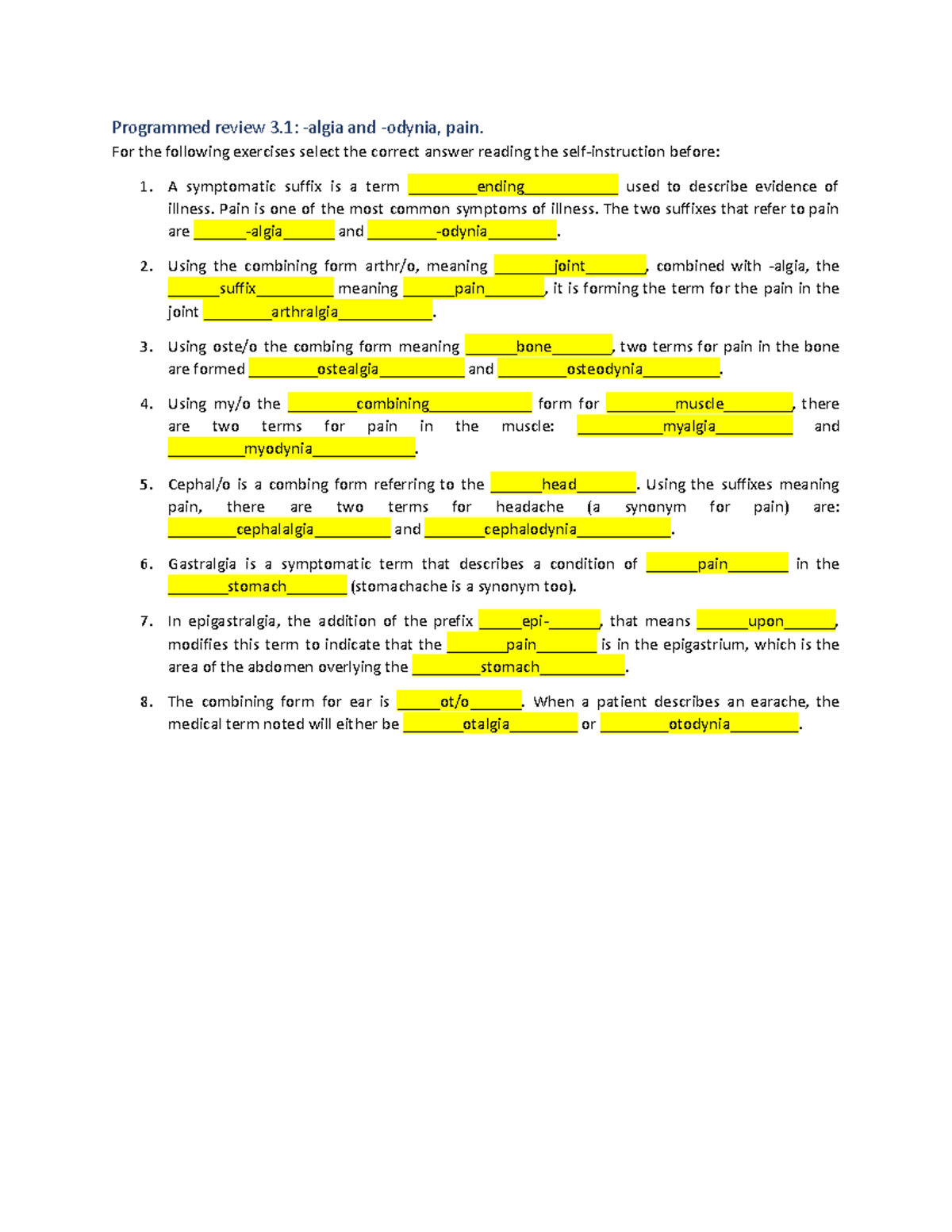 Programmed Review 3 - Tarea 3.3: Suffixes for Pain -algia & -odynia ...