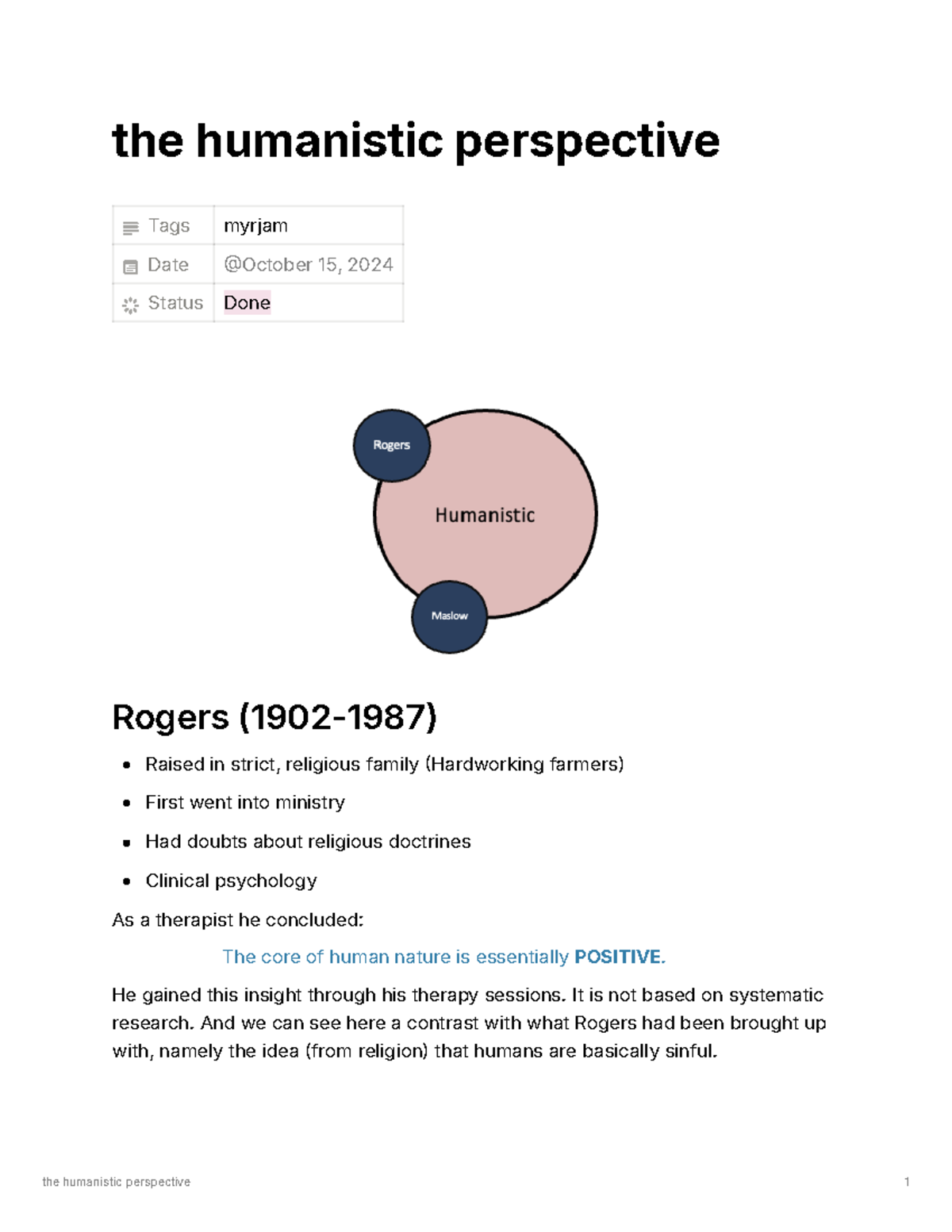 Humanistic perspective - the humanistic perspective Tags myrjam Date Status Done Rogers (1902 ...