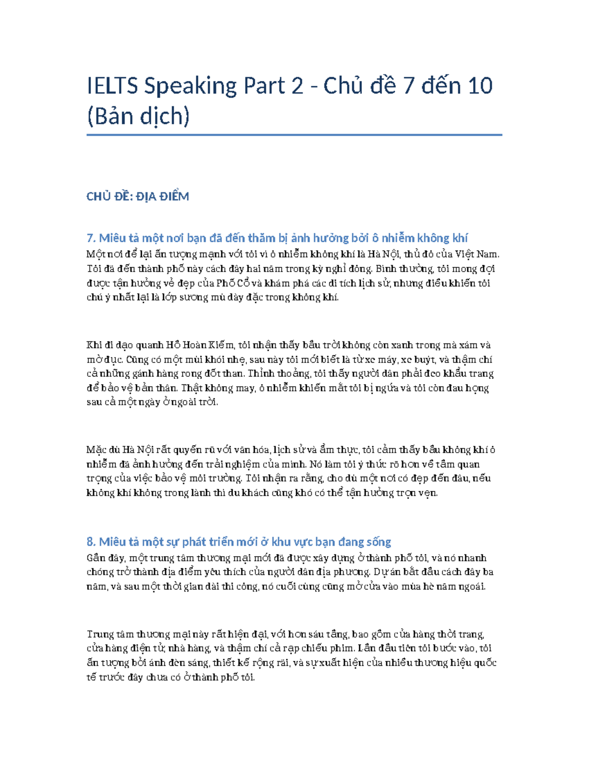 IELTS Speaking Part 2: Topics 7-10 Translation Insights - Studocu