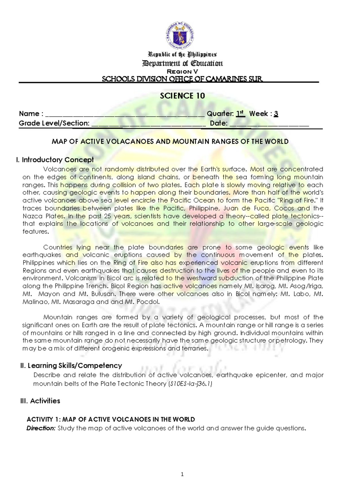 SCI 10: Map of Active Volcanoes & Mountain Ranges - 1st Quarter Notes ...