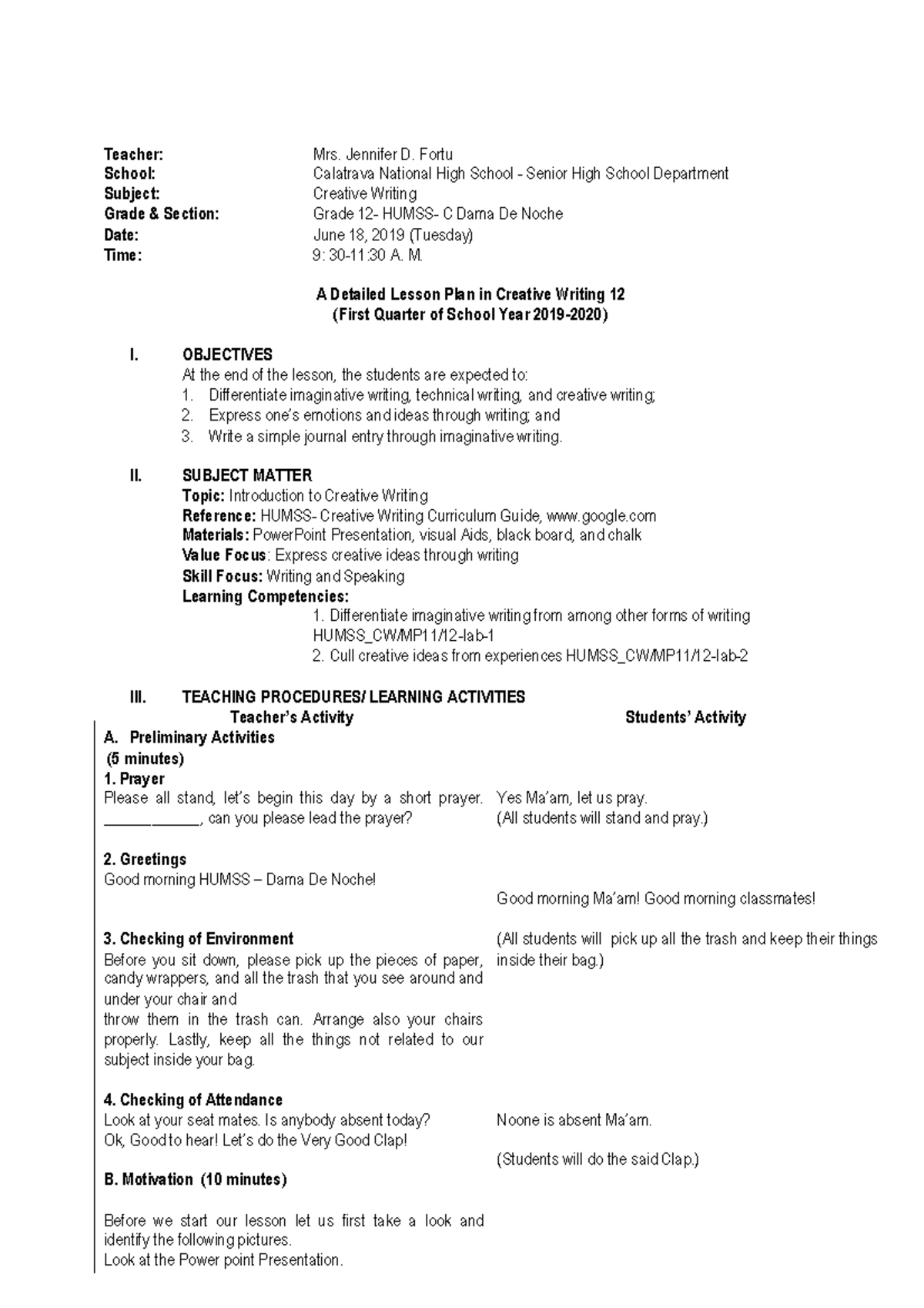 Lesson Plan for Creative Writing & EAPP 12- HUMSS (2019-2020) - Studocu