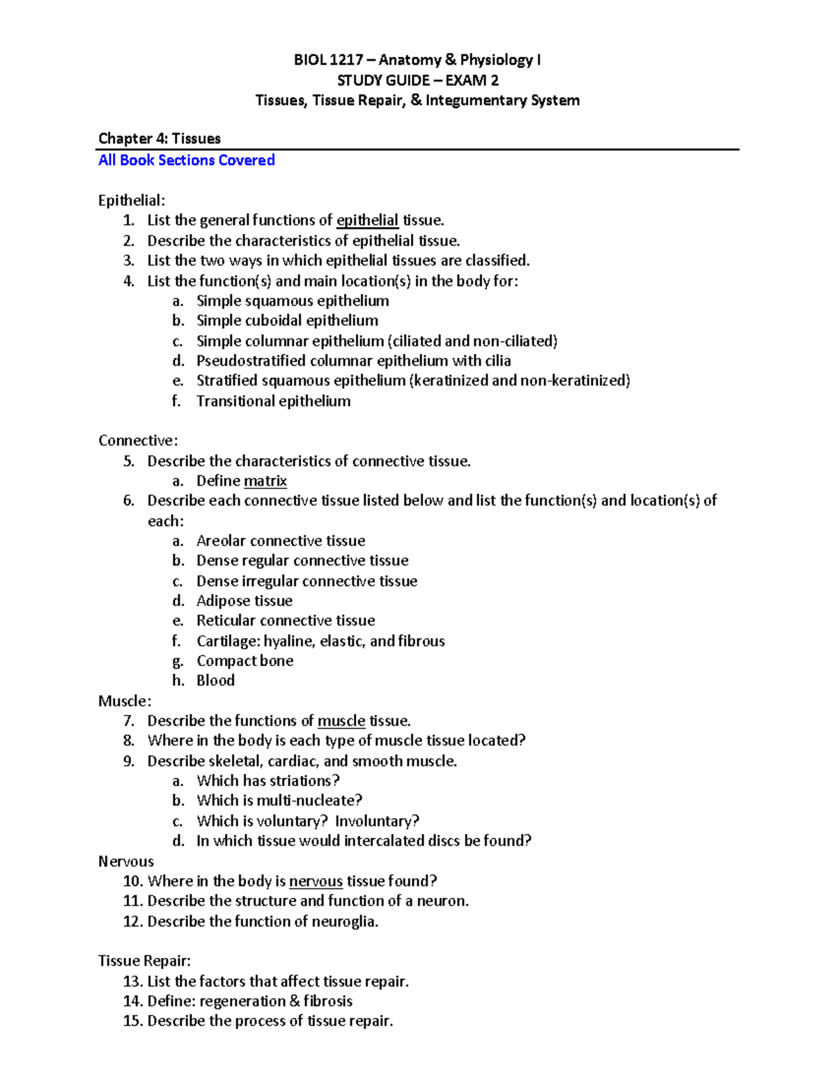 BIOL 1217 Exam 2 Study Guide: Tissues & Tissue Repair Overview - Studocu