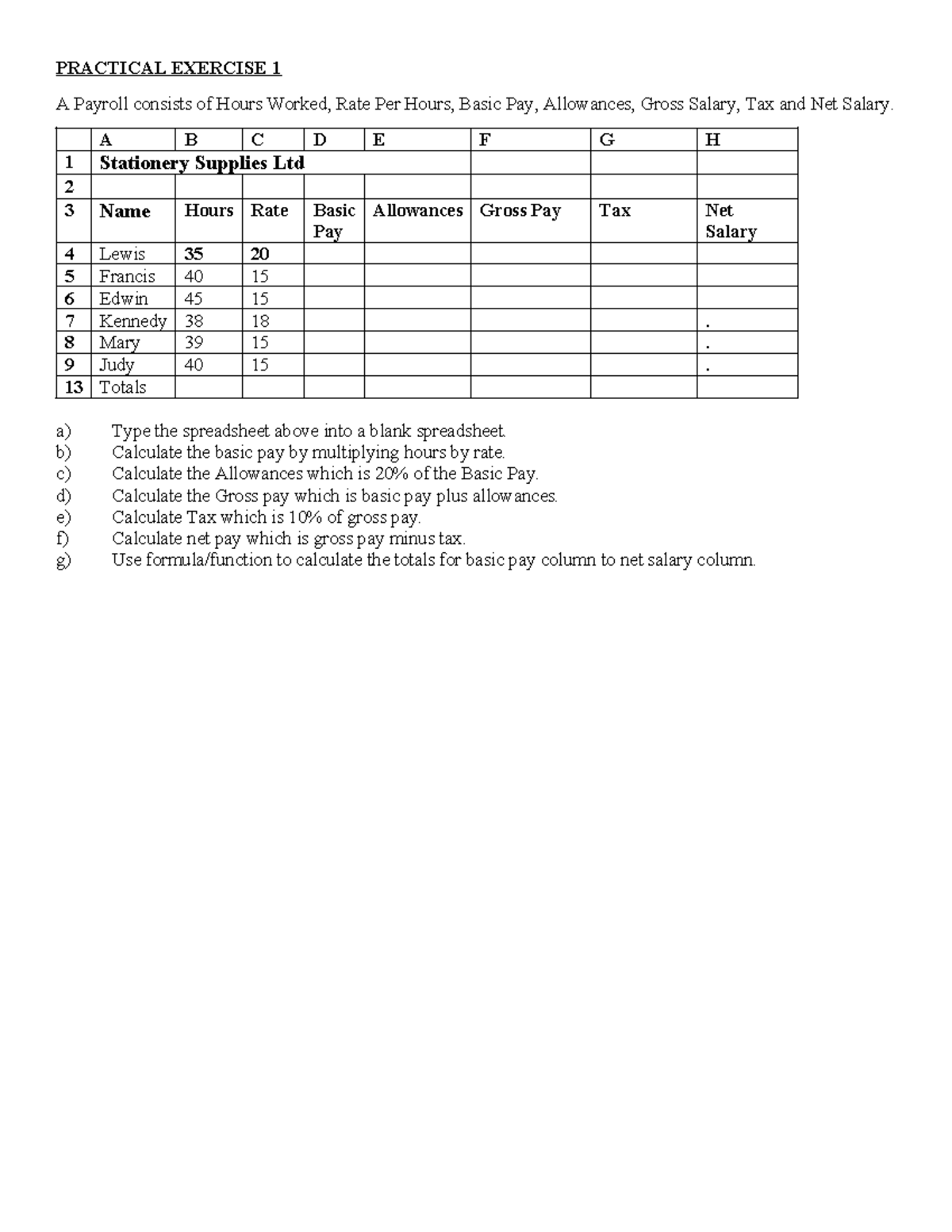 Activity 3 spreadsheet - PRACTICAL EXERCISE 1 A Payroll consists of ...